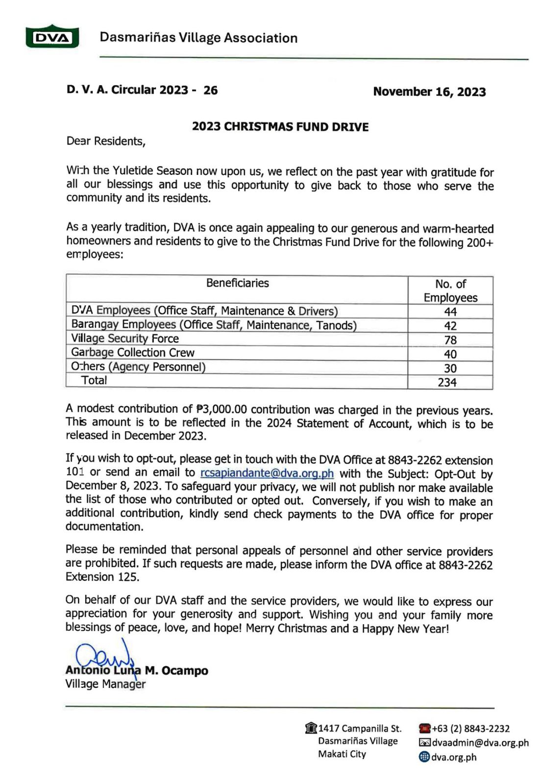 Circular 2023-26 – 2023 Christmas Fund Drive - Dasmariñas Village