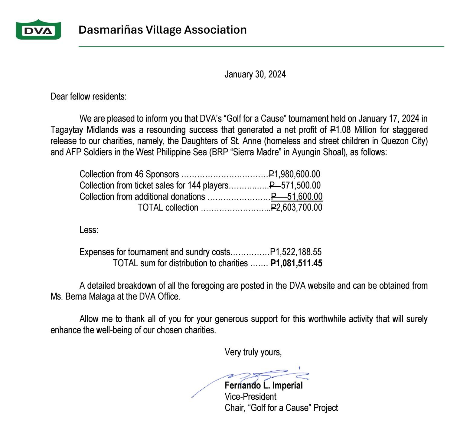 2024-01-30 – Update on DVA Golf for a Cause - Dasmariñas Village