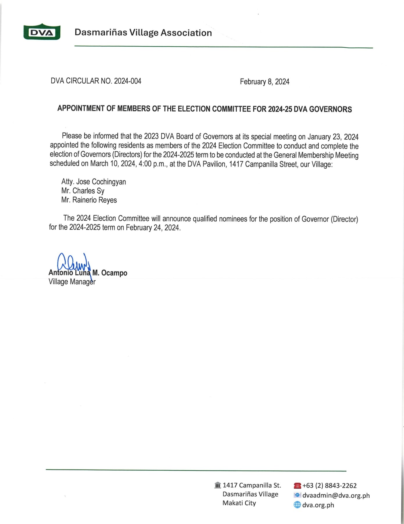 Circular 2024-004 – Appointment of Election Committee - Dasmariñas Village