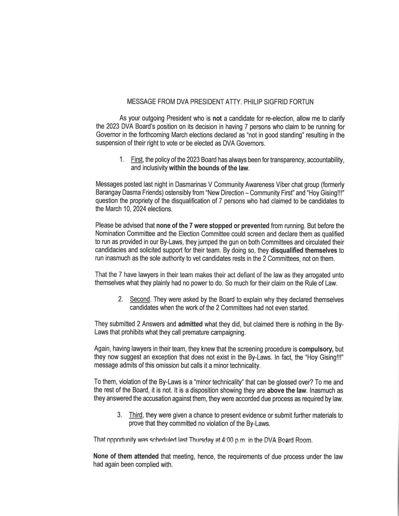 Message from DVA President Atty. Philip Sigfrid Fortun - Dasmariñas Village