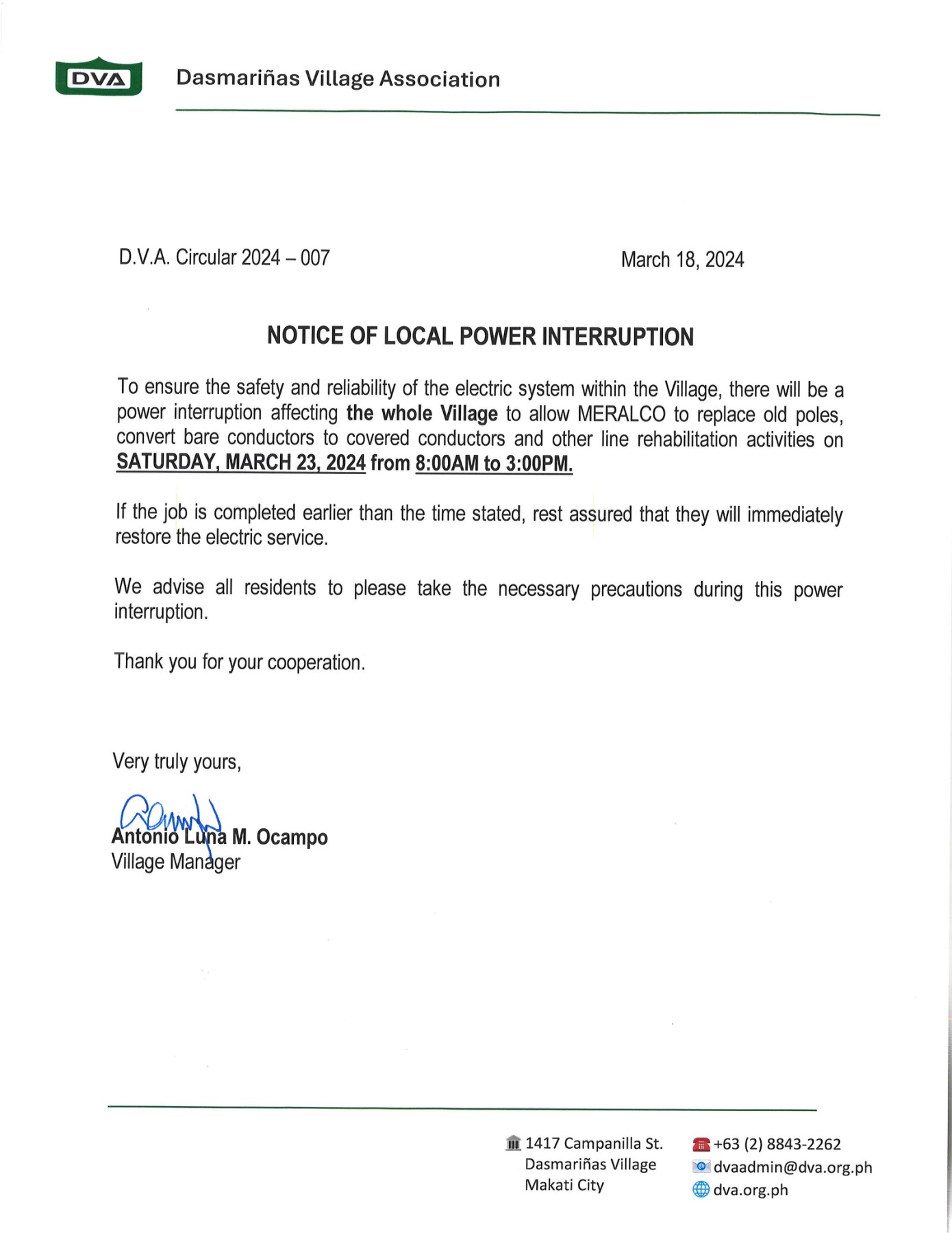 Circular 2024-007 – Notice of Local Power Interruption - Dasmariñas Village