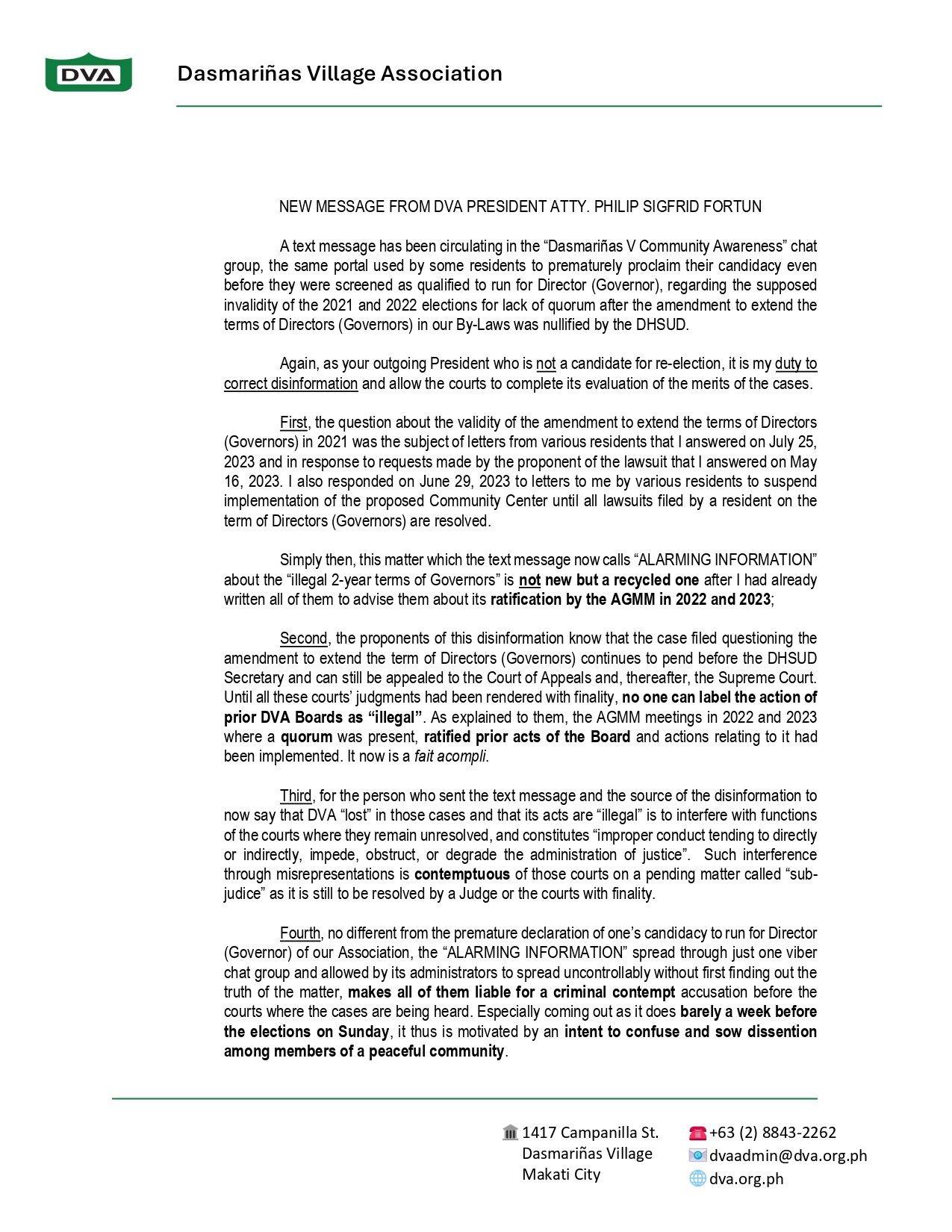Message from DVA President Atty. Philip Sigfrid Fortun - Dasmariñas Village