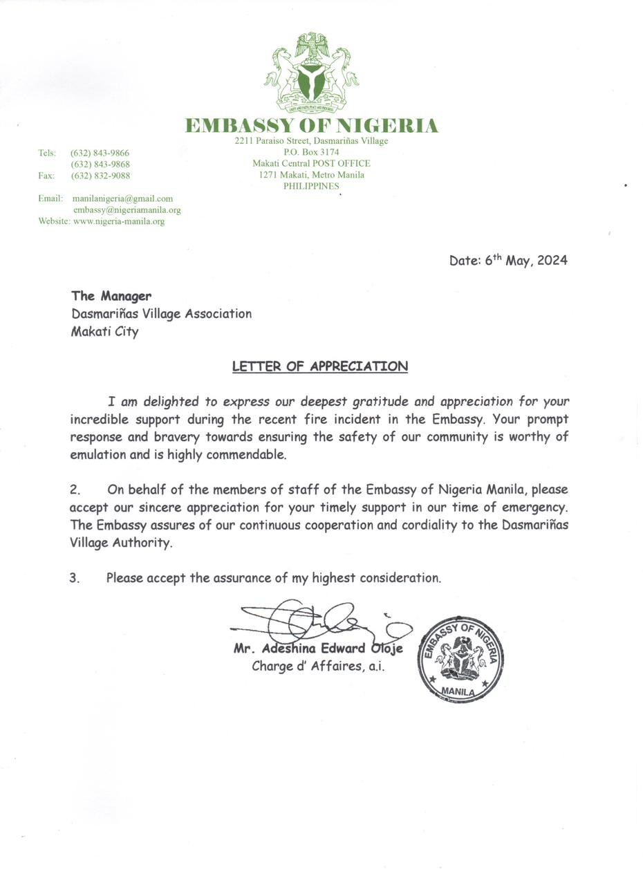 Letter of Appreciation from the Nigerian Embassy - Dasmariñas Village
