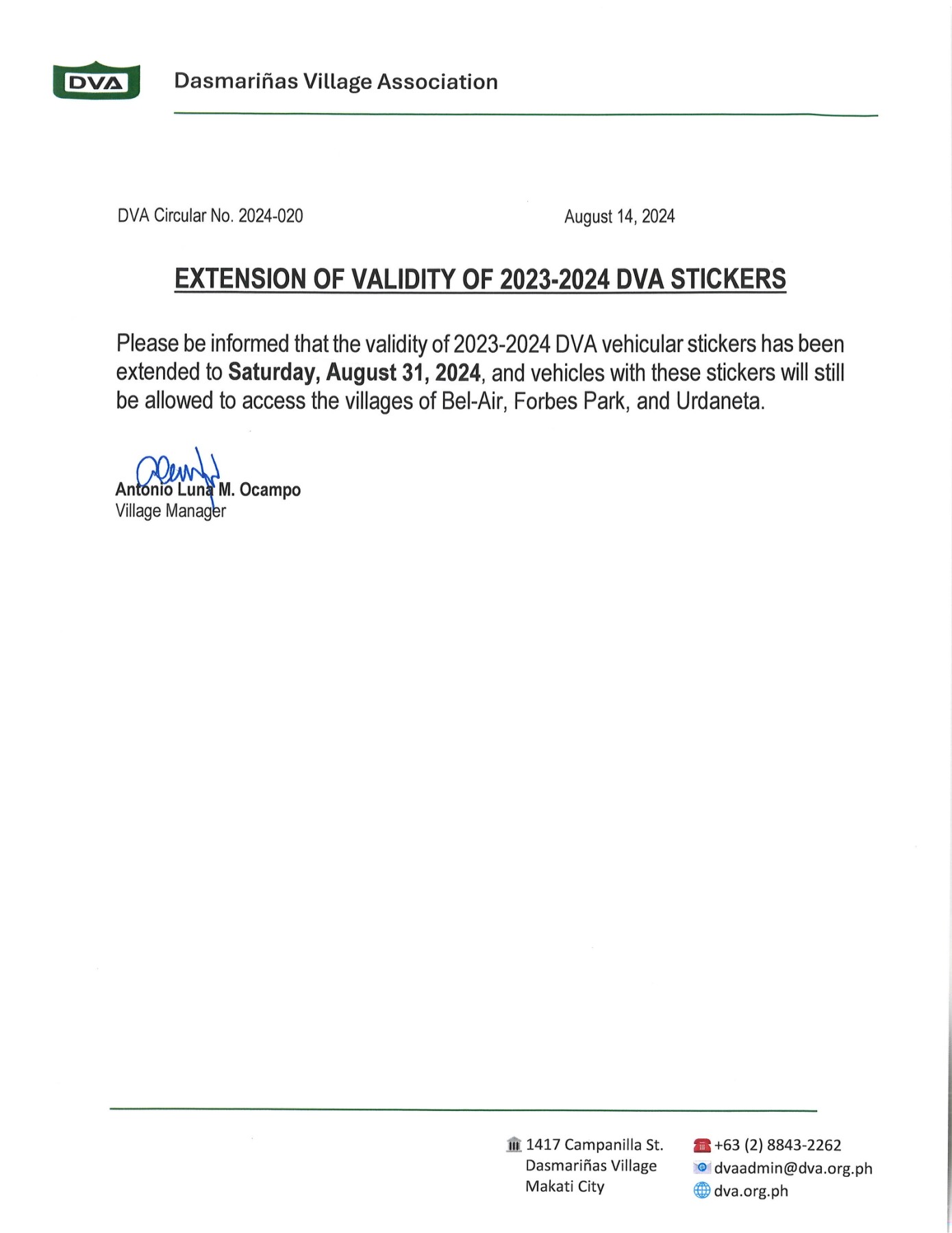 Circular 2024-020 – Extension of Validity of 2023-2024 DVA Stickers ...