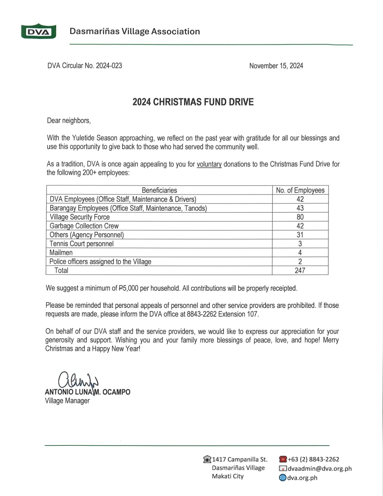 Circular 2024-023 – 2024 Christmas Fund Drive - Dasmariñas Village