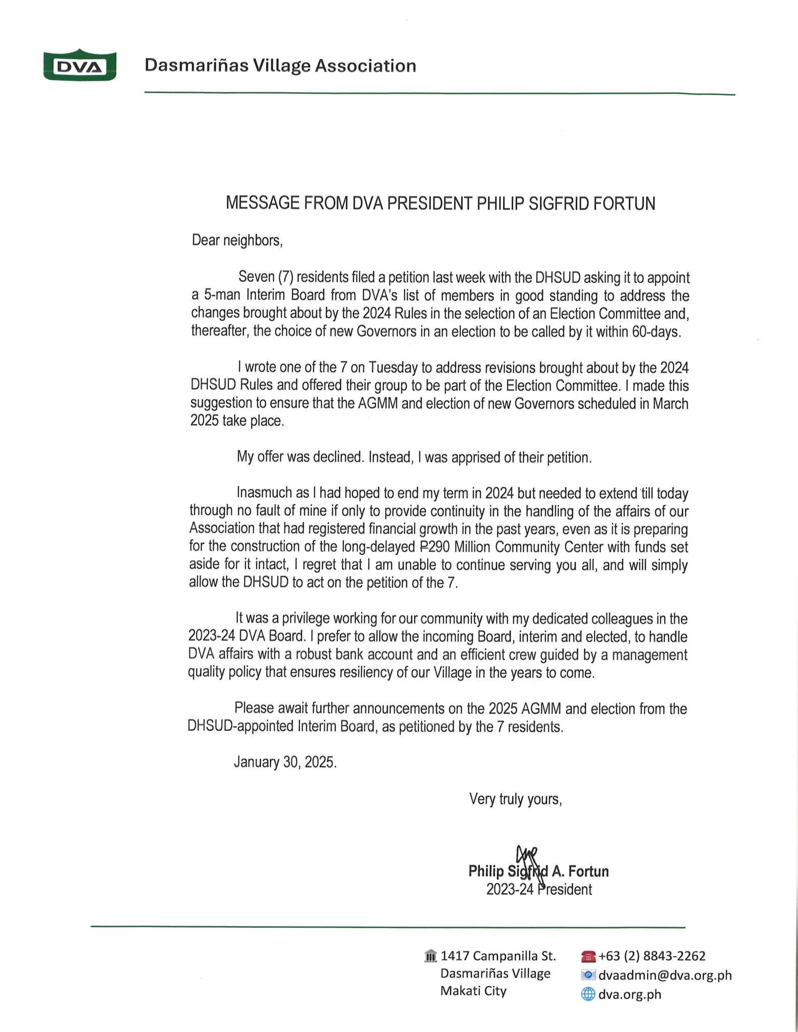 Message from DVA President Philip Sigfrid Fortun - Dasmariñas Village