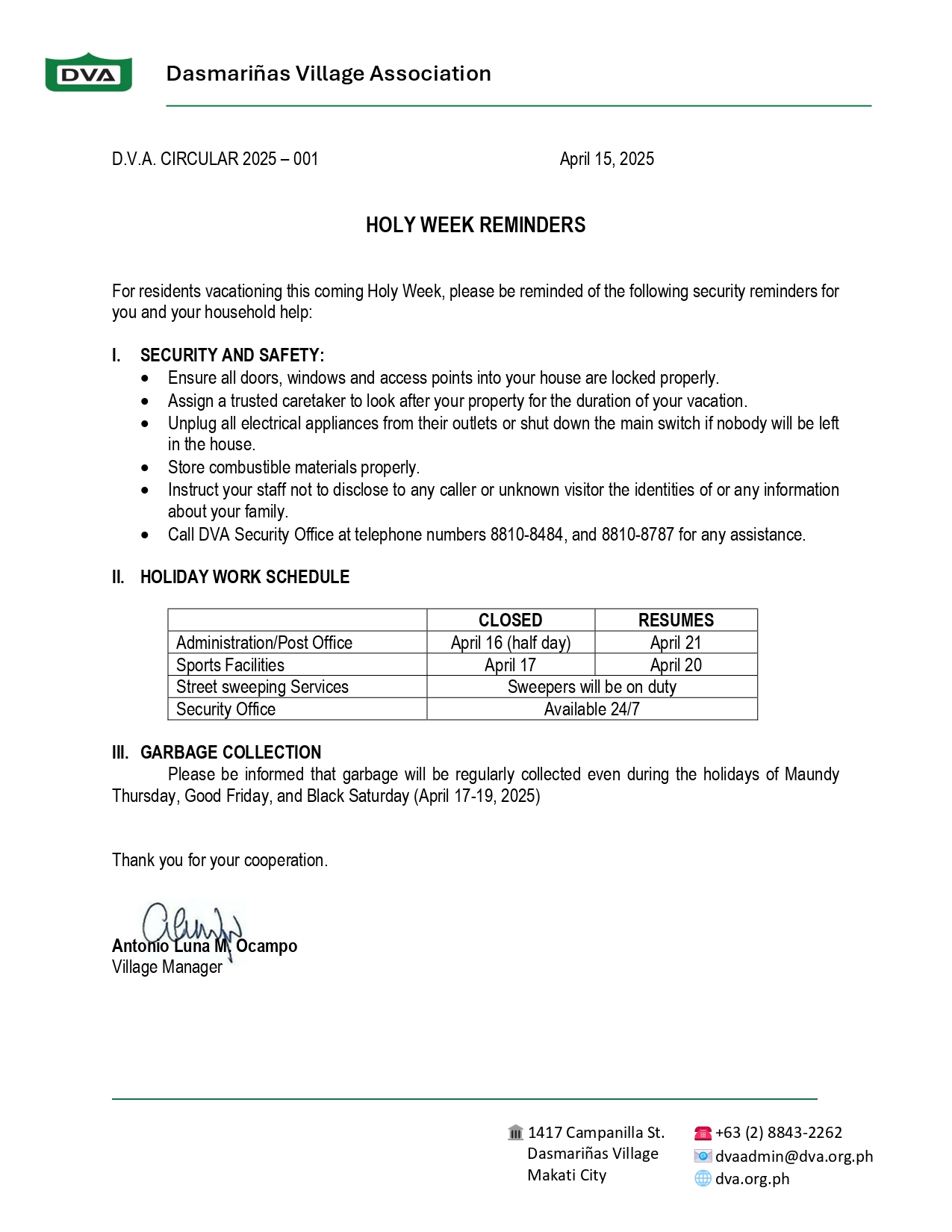 Circular 2025-001 – Holy Week Reminders - Dasmariñas Village