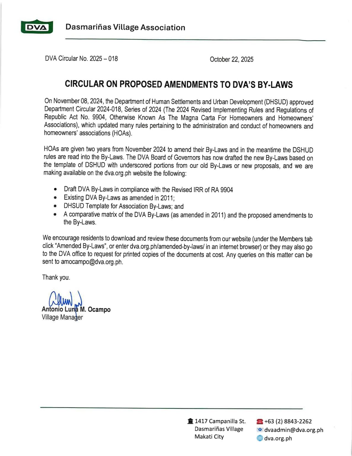 Circular 2025-018 – Circular on Proposed Amendments to DVA’s By-Laws - Dasmariñas Village